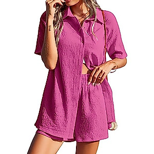 Ekouaer Womens Lounge Sets 2 Piece Outfits Casual Tracksuit Pajamas Set Button Down Shirt and Shorts Pockets Pink S