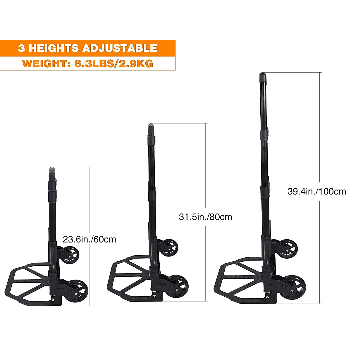 Varbucamp Folding Hand Truck with Telescoping Handle, 165lbs Capacity Aluminum Portable Luggage Trolley Cart, Hand Cart and Dolly with Black Bungee Cord and Rubber Wheels, Black