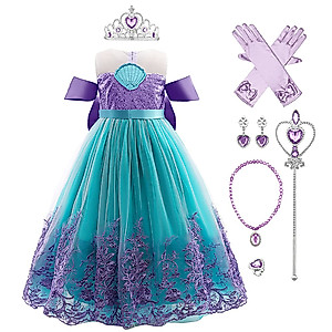Kids Girls Little Mermaid Costume Ariel Princess Fancy Dress Up Birthday Party Halloween Christmas Carnival Cosplay Dresses + Crown + Jewelry Fairy Tales Outfit Set Purple+Green 6-7 Years