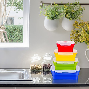 Nuenen Set of 8 Collapsible Food Storage Containers with Lids Silicone Flat Collapsible Bowls for Stacks Travel Camping Meal Prep Container for Kitchen, Freezer Microwave Dishwasher Safe (Rectangular)