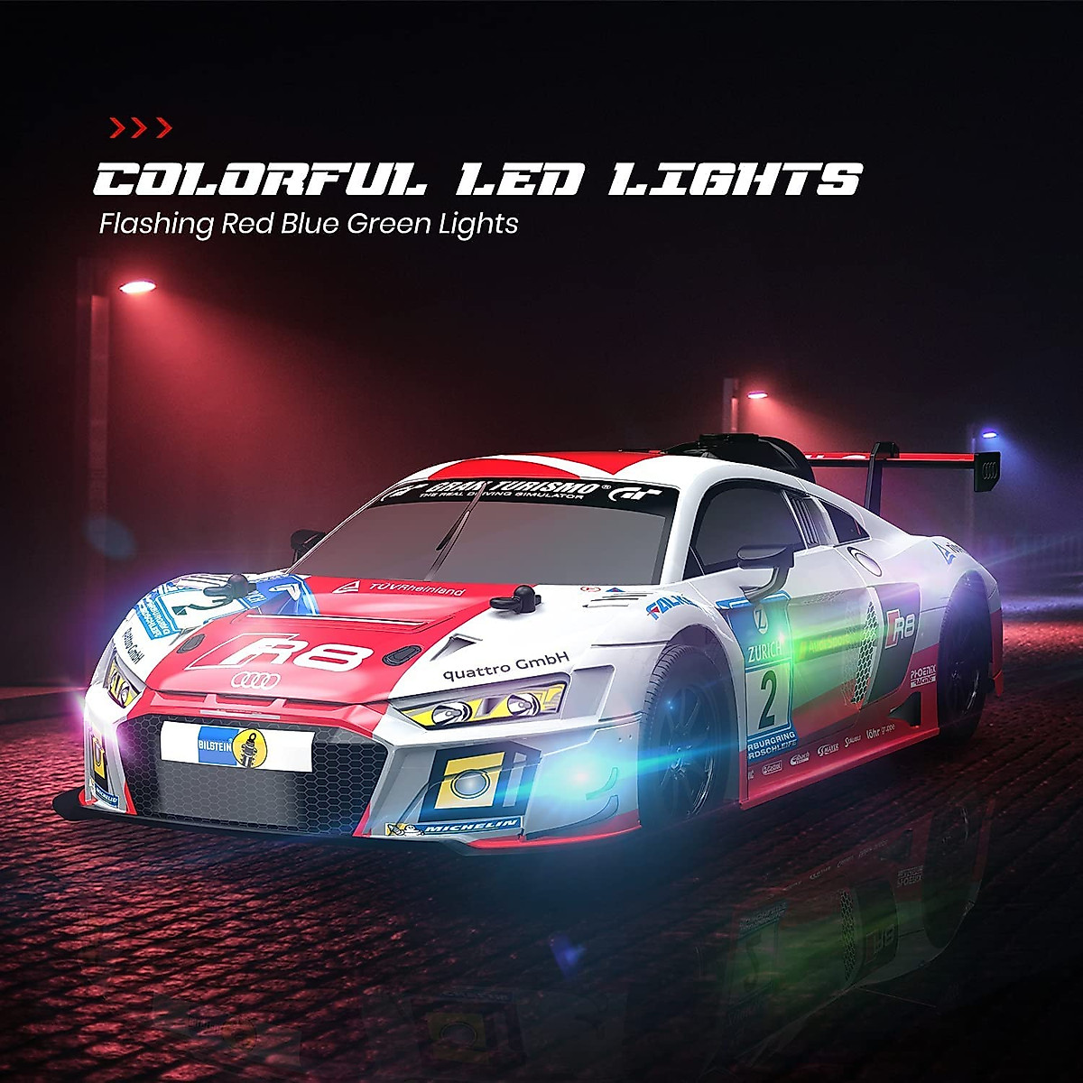 Remote Control Car, RC Cars for Kids, 1: 14 Officially Licensed Audi R8 LMS GT3, 80 Min Play Toy Car with Rear Fog Stream LED Lights Music, Hobby Toy Car Model Vehicle for Boys, Girls, Adults Gift