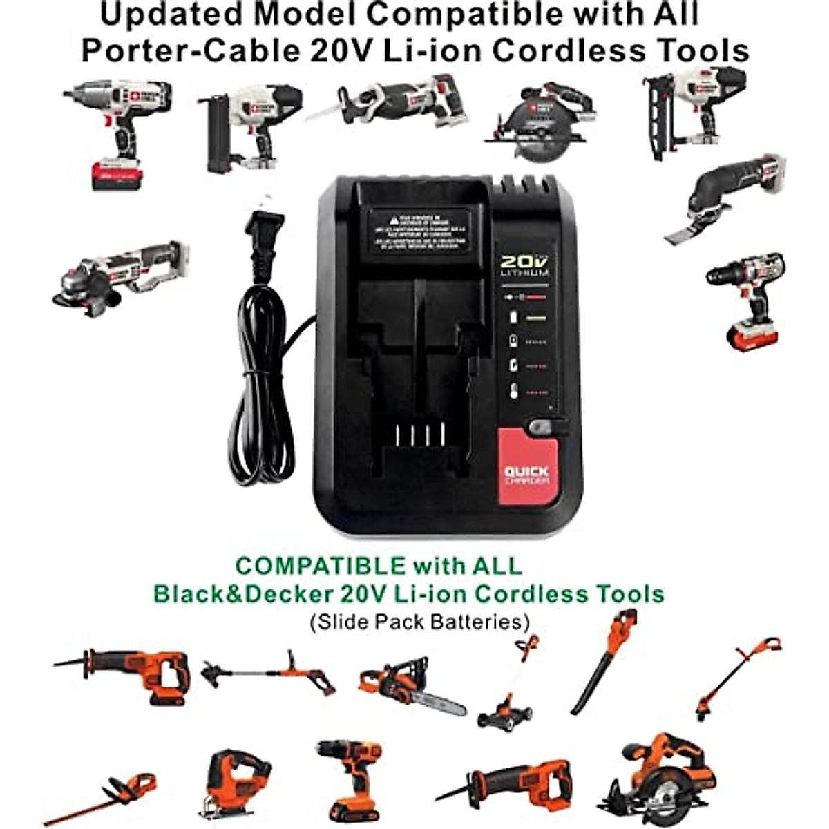 Qbmel PCC692L 20V Max Fast Battery Charger for Black+Decker 20V MAX Lithium Slide Battery LBXR20 LBXR2020 LBX4020 LCS1620 Porter-Cable 20V MAX PCC685L PCC685LP PCC680L PCC682L