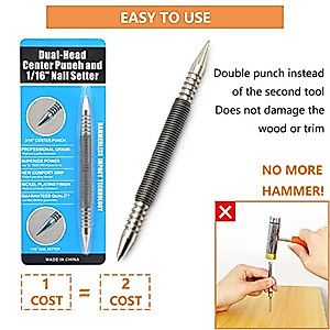 WHLLING 1/16″Dual Head Nail Setter and 3/16″Center Punch, 3500 PSI Striking Force Counter Punch Spring Nail Set