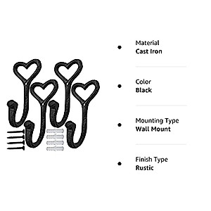 Heavy Duty Coat Hooks, 4pcs Cast Iron Love Heart Shape Wall Hooks for Hanging Coats, Black No Rust Hooks for Scarf, Bag, Towel, Key, Cap, Cup, Hat