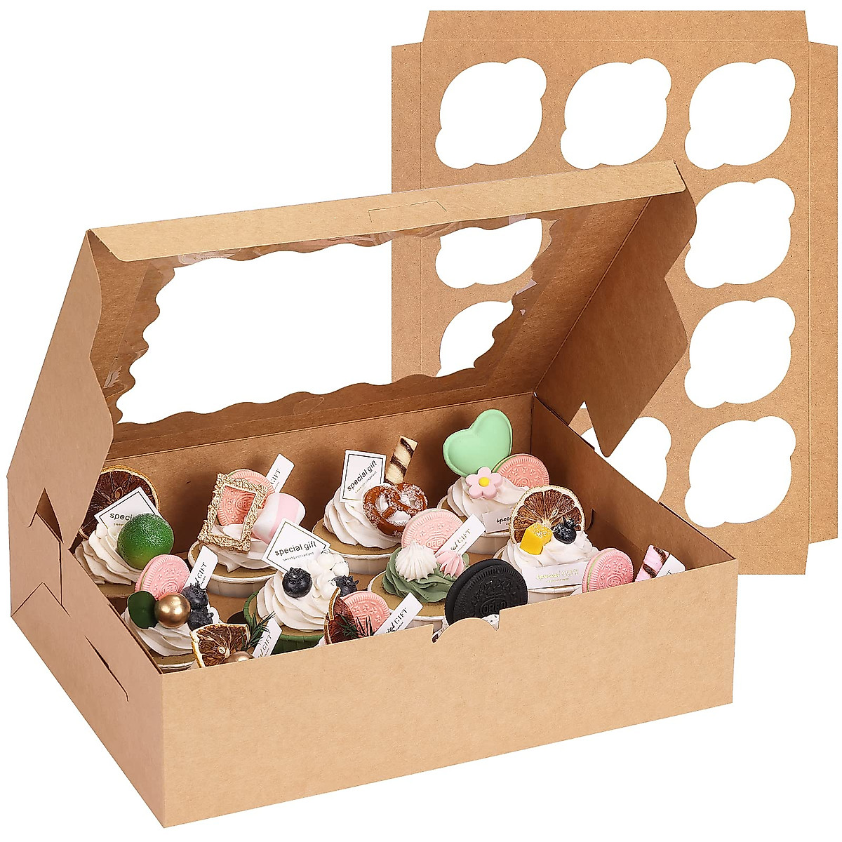 Moretoes Cupcake Boxes 24 Pcs Brown Cupcake Carrier Containers 24 Cardboard 12 Count, Kraft Bakery Boxes with Windows and Inserts to Hold Muffins & Pastries