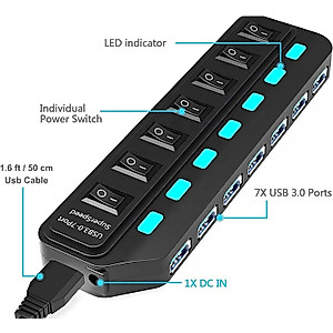 HOMELINKX SQUARE - USB HUB 3.0 Powered Splitter - External 7 Port High Speed Hub Splitter with 5V/2A Power Adapter Powered USB hub and Individual On/Off Switch for PC Laptop Desktop