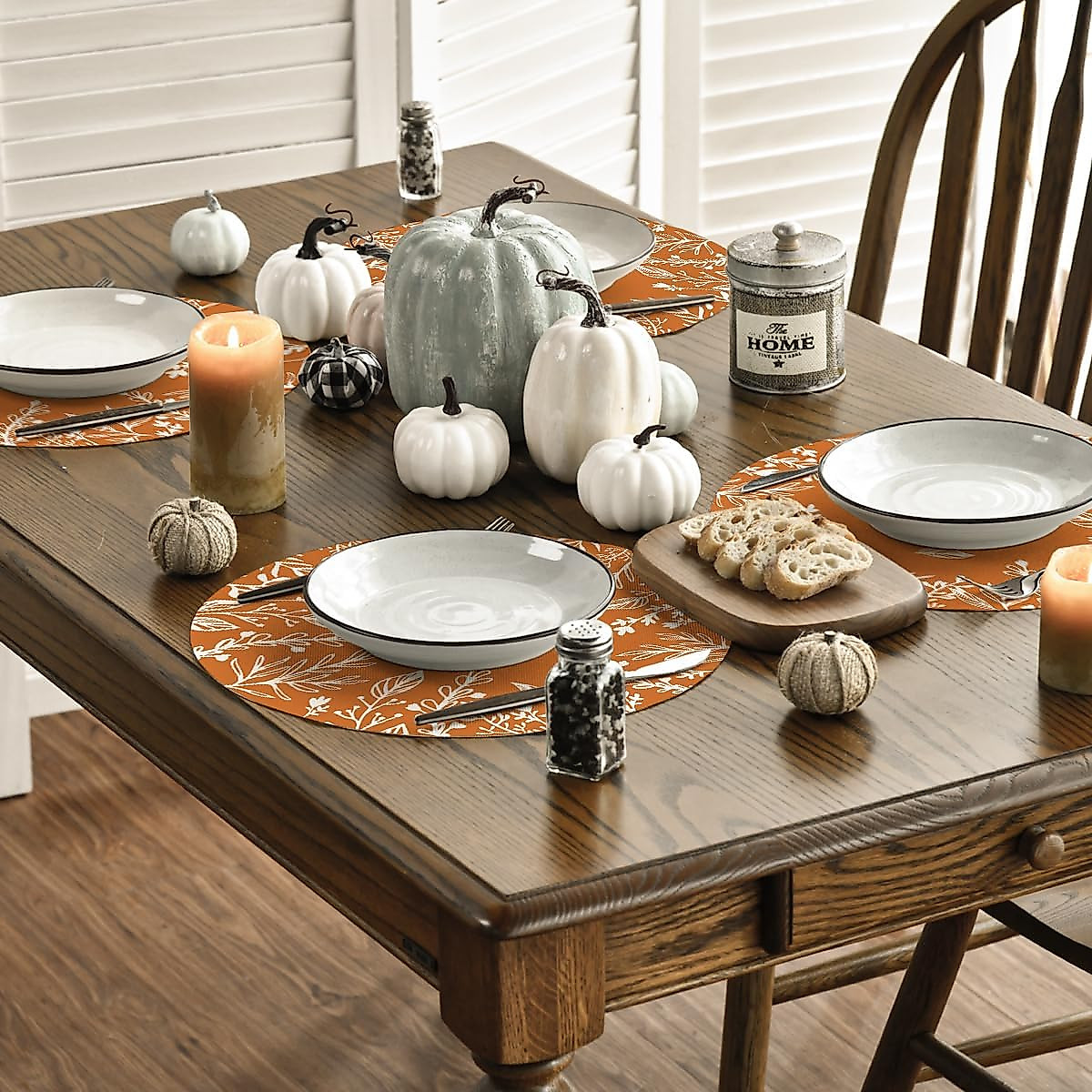 Artoid Mode Orange Eucalyptus Leaves Round Fall Placemats Set of 4, 14 Inch Seasonal Autumn Thanksgiving Round Table Mats for Dining Decoration