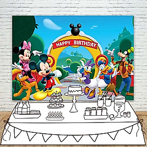 YouRan Mickey Mouse Clubhouse Birthday Party Backdrop 7x5 Vinyl Mickey Mouse and His Friends Happy 1st Birthday Background for Kids Cartoon Mickey Mouse Clubhouse Birthday Wall Decor