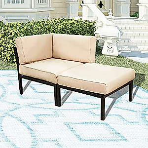 LOKATSE HOME 2 Piece Patio Furniture Set Sectional Balcony Corner Outdoor Loveseat Couch Armchiar Sofa with Ottoman Metal Steel Frame, Khaki