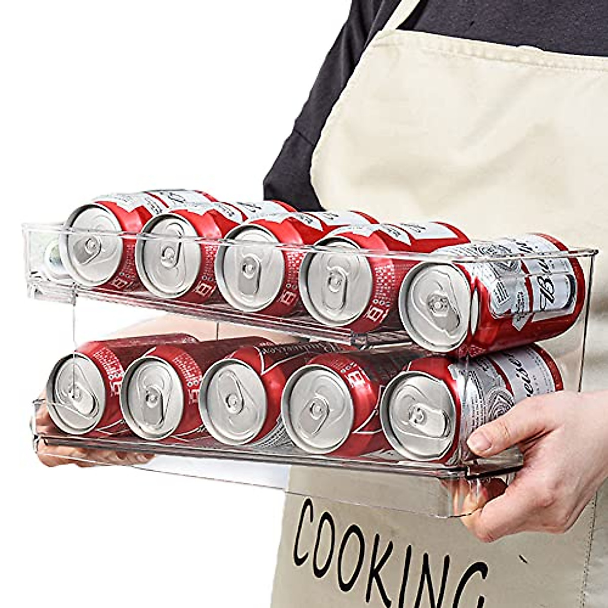 DAOGUAN Soda Can Organizer PET Double-Layer Automatic Roll-Off Refrigerator Organizer Bins with Handle for Fridge Freezer Cabinets Countertop, Clear, 13.6inch*5.31inch*6.02inch (VXORWB44GG2R04MP12A)