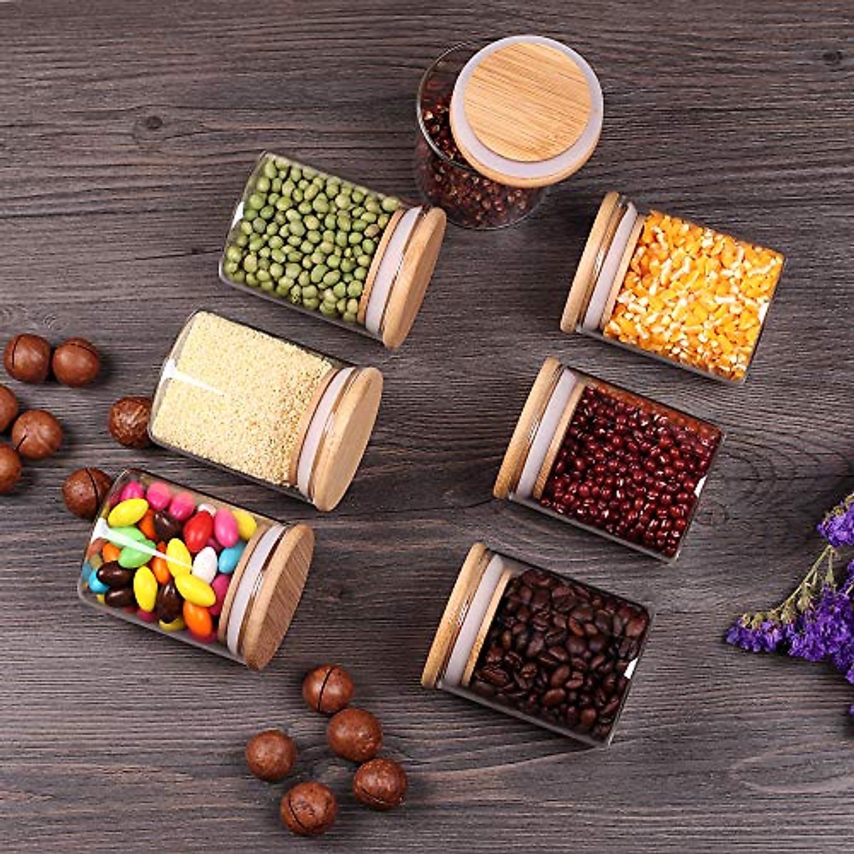 Tzerotone Glass Jars Set,Upgrade Spice Jars with Wood Airtight Lids and Labels, 6oz 12 Piece Small Food Storage Containers for Home Kitchen, Tea, Herbs, Sugar, Salt, Coffee, Flour, Herbs, Grains…