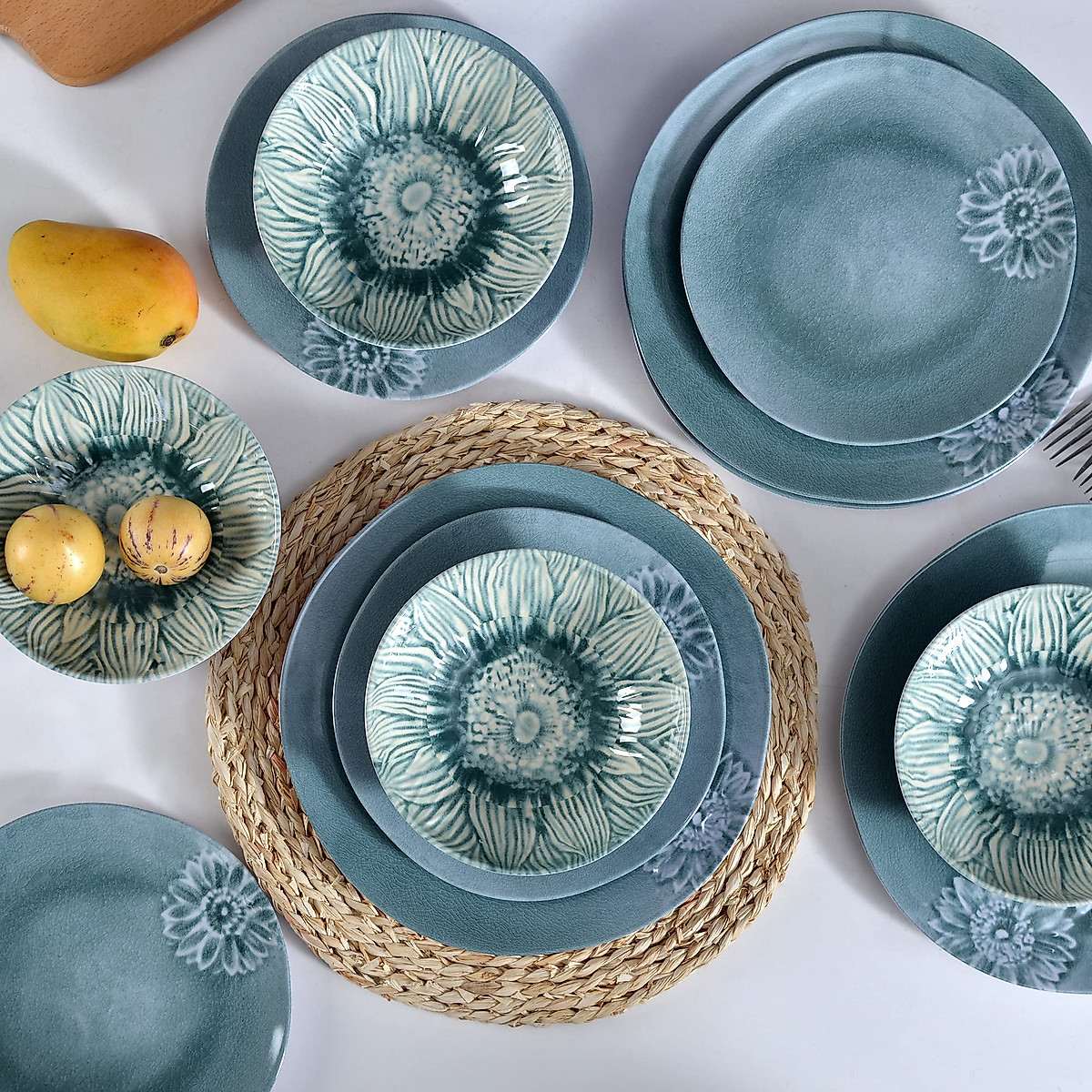 PUMELAMI Melamine Dinnerware Sets of 12Pcs,Dishes Set for 4, Blue Dinnerware Sets, Suitable for Indoor and Outdoor Use,Unbreakable,Dishwasher Safe,BPA free