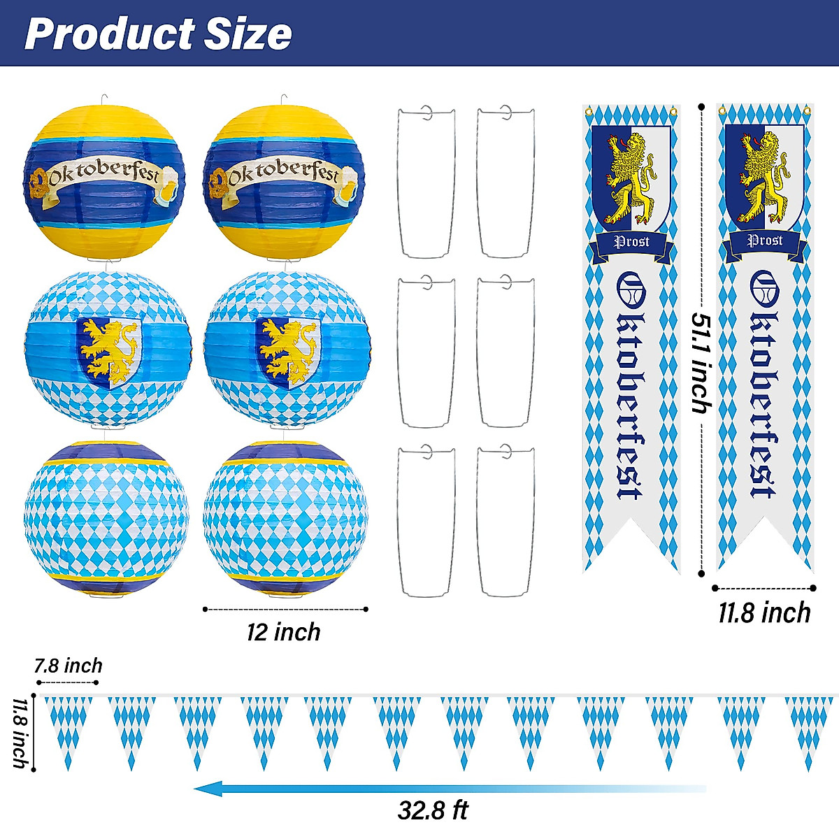 Oktoberfest Party Decor, 8Pcs Octoberfest Decorations Kit Bavarian Pennant Flags Sign Banner Paper Lanterns, Octoberfest Themed Party Supplies Home Yard Favor Decor Set for German Beer Festival Party