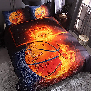 Tenghe 3D Basketball Duvet Cover Sets Fire Water Print for Teen Boys Kids Sports Bedding Sets Bed Cover 1 Duvet Cover + 1 Pillowcases(Basketball,Twin)