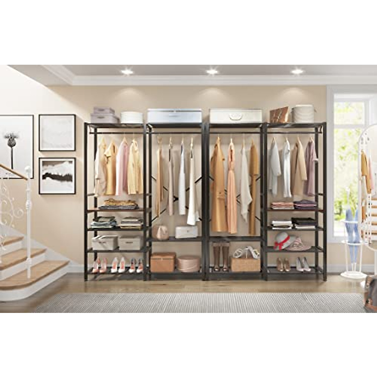 Timate P7 Garment Rack 6 Tier Clothes Rack Freestanding Wire Shelving Heavy Duty Wardrobe Closet Organizer Storage Black Metal Shelves with Dark Walnut Wooden Board, 2 Hanging Rods, Max Load 485lbs