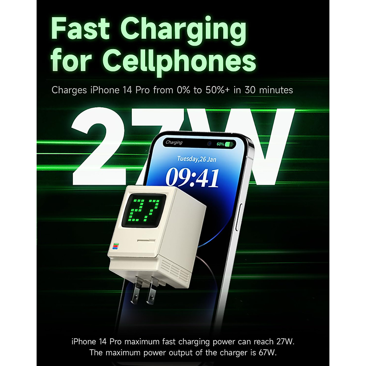 SHARGE USB C Charger, Retro 67 Power Display 3-Port Fast GaN Charger with Digital Rain, 67W Foldable Wall Charger for Phone 14/Pro Max/13, iPad, MacBook, Galaxy, Google Pixel Gifts Idea