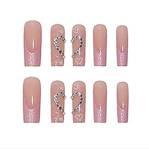 Foccna Long Press on Nails Pink Square French Fake Nails Full Cover Bling Acrylic False Rhinestone Nails LOVE Design Nails for Women and Girls 24PCS