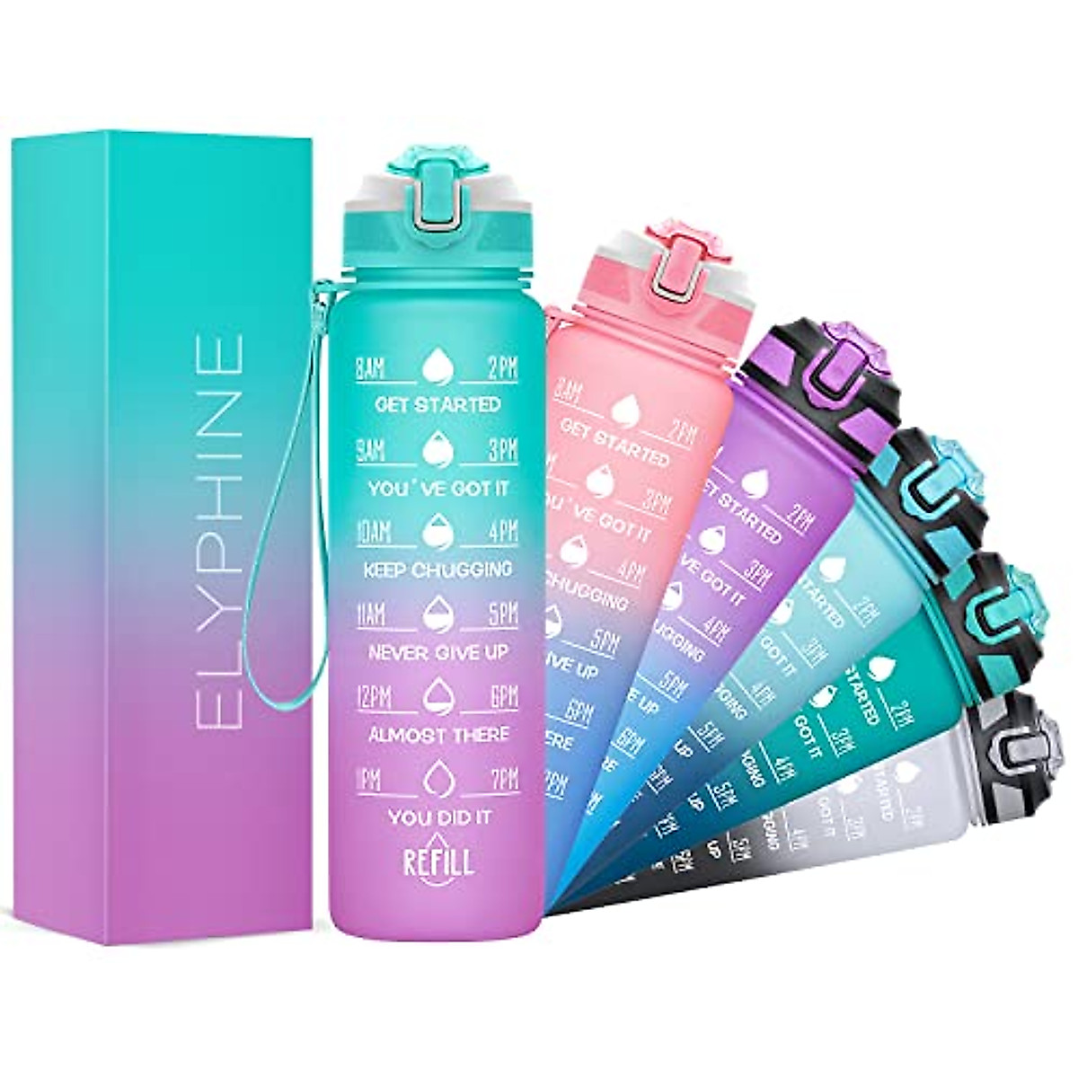 ELYPHINE 32/24 oz Water Bottles with Removable Straw & Time Marker, Motivational Sports Bottles with BPA Free Tritan Material, Leakproof Water Jug for Fitness