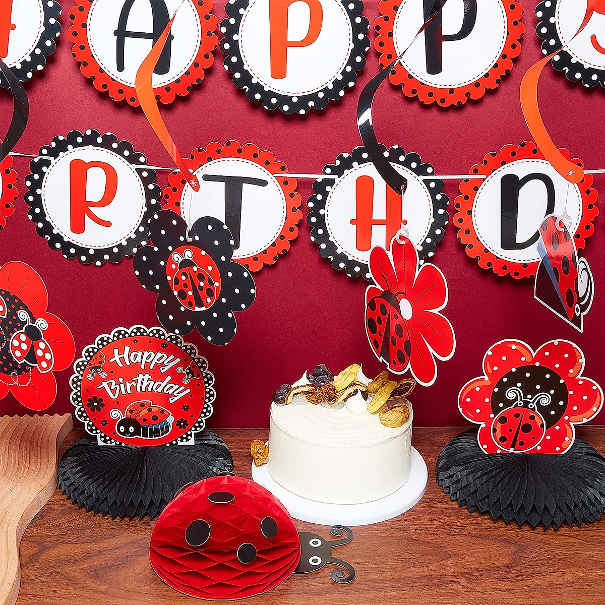 Ladybug Fancy Party Decoration Kit - Cute Birthday Banner, Honeycomb Centerpiece, Hanging Swirls for Girls Birthday Baby Shower Party Supplies