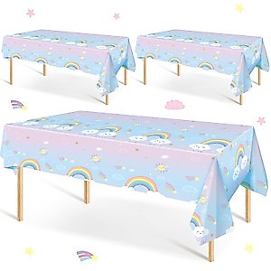 Unittype 3 Pcs Rainbow Table Cloths for Parties Rainbow Tablecloth Waterproof Table Cover Rainbow Clouds Birthday Tablecloth for Baby Shower Rainbow Party Decorations, 108 x 54 Inch(Macaron Color)
