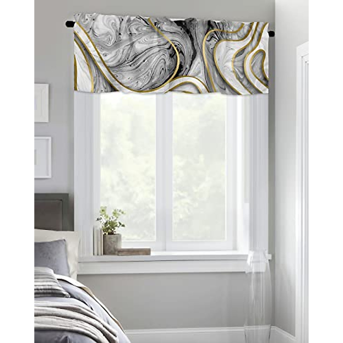 WARM TOUR Curtain Valance for Windows White Gray Abstract Marble Kitchen Valances Rod Pocket Short Curtains,Gold Foil Line Art Window Treatment Panel for Living Room Bathroom Bedroom 60x18in