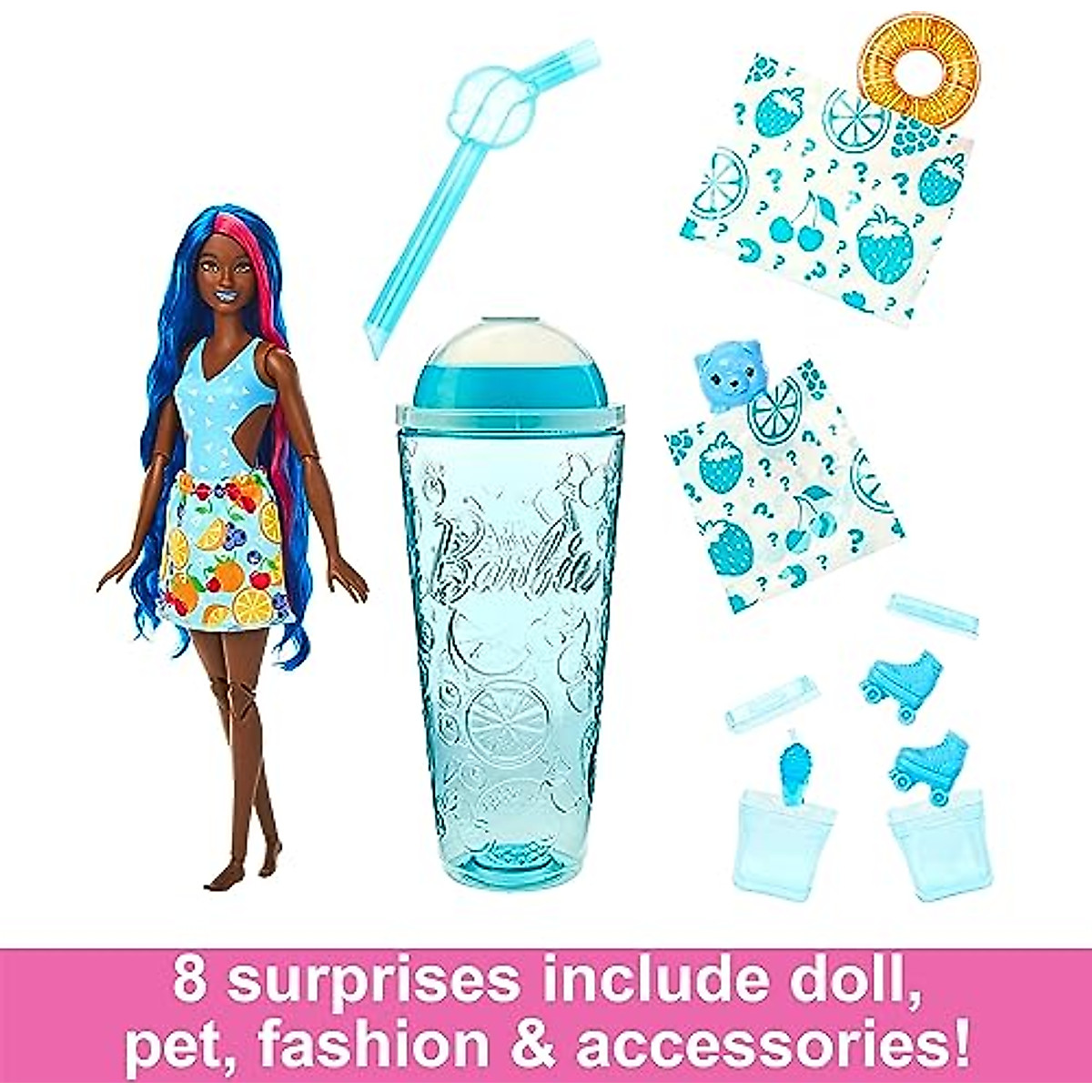 Barbie Pop Reveal Doll & Accessories, Fruit Punch Scent with Blue Hair, 8 Surprises Include Slime, Color Change & Puppy