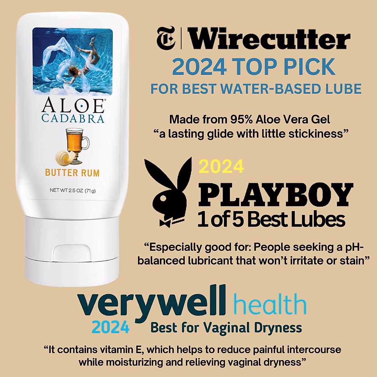 Aloe Cadabra Flavored Personal Lubricant and Vaginal Moisturizer, Organic Edible Aloe Lube for Men, Women and Couples, Non-Staining, pH Balanced, Toy Compatible (Butter Rum, 2.5 Ounces, 2 Pack)