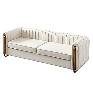 Contemporary Velvet Sofa Couch 84.25''W for Living Room - Modern Velvet Couch with Flared Arms and Removable Cushions, Living Room Furniture, Solid Wood Frame with Golden Legs - Beige