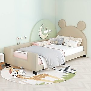 Merax Cute Kids Wood Twin Day Bed with Mouse Ears Headboard, Low Platform Bed Frame for Kids,Boys,Girls, No Box Spring Need (Twin, Grey)