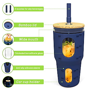 Tronco 32 Oz Tumbler with Straw and Lid, Reusable Drinking Glass Cup with Time Marker, Silicone Sleeve, Fits Cup Holder and Without BPA for Boba Smoothie, Tea, Iced Coffee (Black)