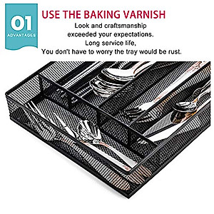 JANE EYRE Utensil Drawer Organizer, Cutlery Tray Silverware Flatware Storage Divider for Kitchen, Mesh Wire with Non-slip Foam Feet, 5 Component, Black