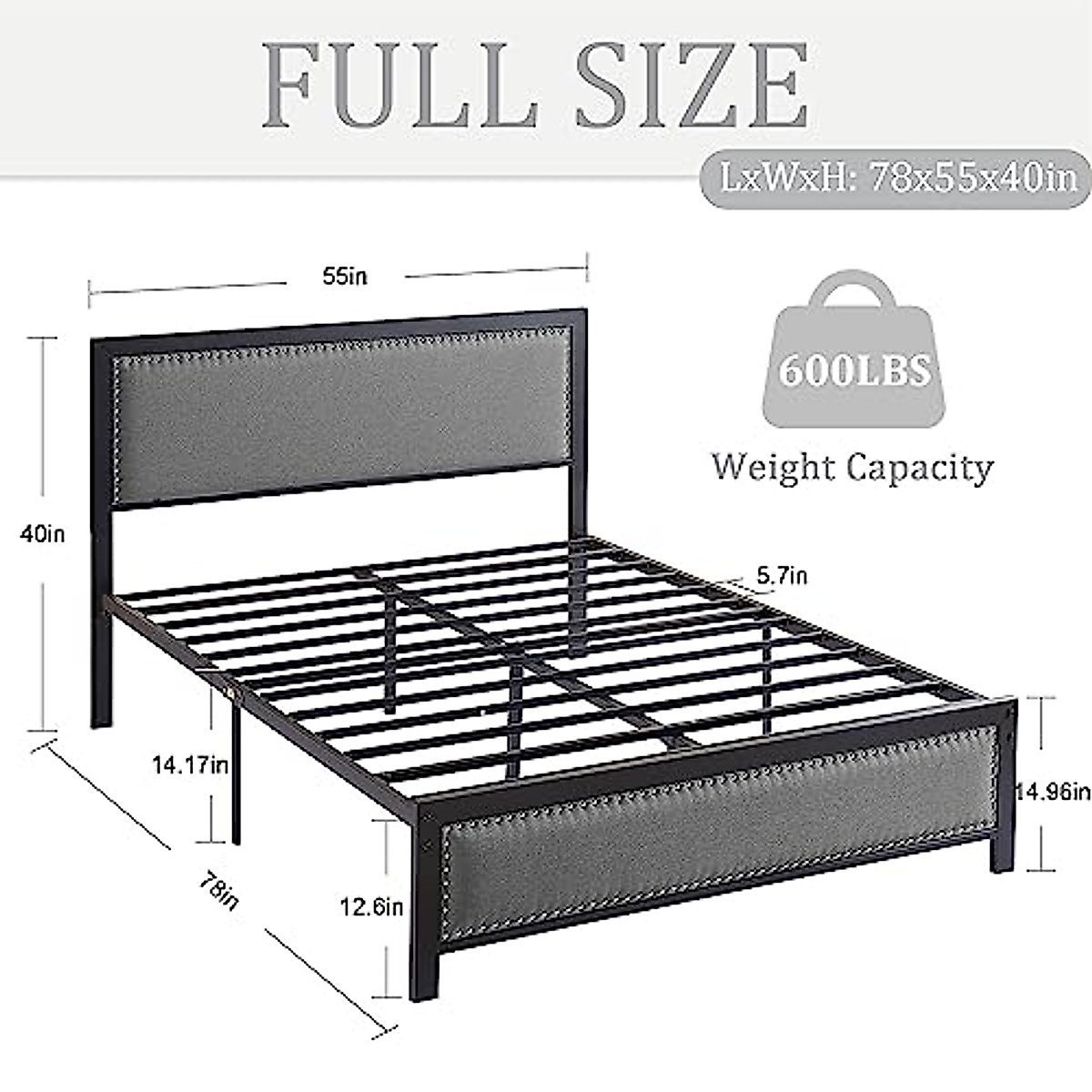 VECELO Full Size Bed Frame with Linen Fabric Headboard and Footboard, Heavy-Duty Platform with Strong Steel Slats, No Box Spring Needed, Easy Assembly, Grey