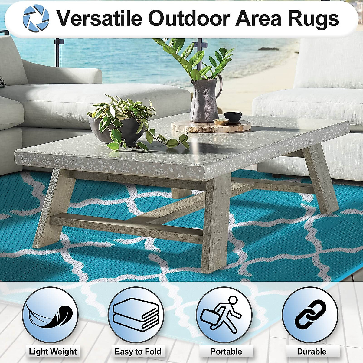 OutdoorLines Outdoor Plastic Area Rugs for Patio 4x6 ft - Reversible Outside Carpet, Stain & UV Resistant RV Mats, Straw Rug for Camping, Deck Garden, Porch and Balcony, Moroccan Teal & Light Grey