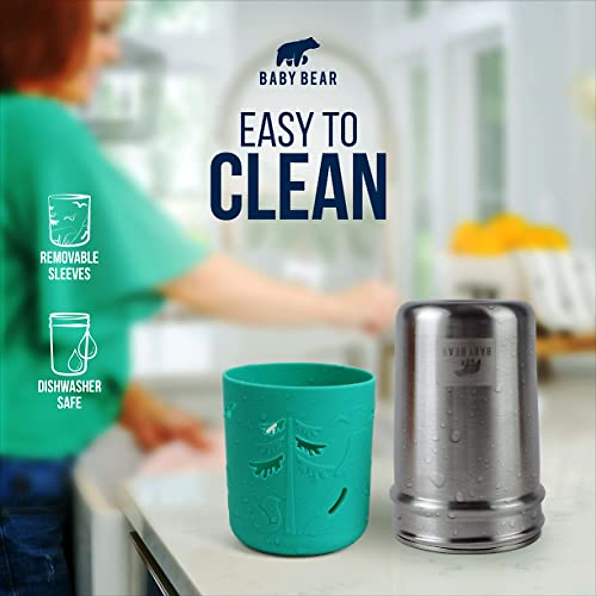 Baby Bear Products Kids Cups - Set of 4, 250ml Stainless Steel Mason Jar with Silicone Sleeves and Straws with Stoppers | Smoothie Cups | Spill Proof Toddler Sippy Cups