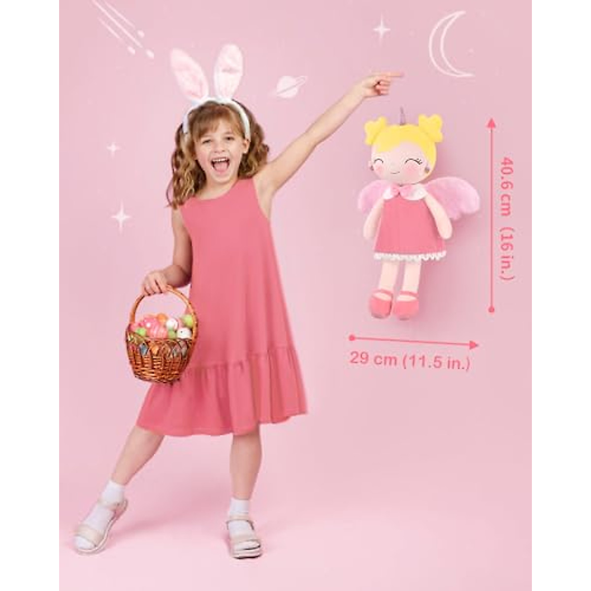 GAGAKU Soft Baby Doll Plush Unicorn Girl Angle with Wings 17” Cute Plush Baby Toys for Baby and Toddler - Pink