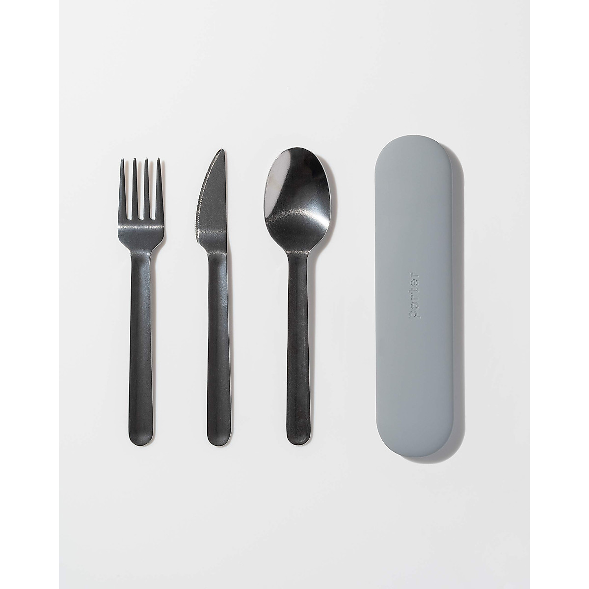 W&P Porter Stainless Steel Utensils with Silicone Carrying Case | Slate | Spoon, Fork & Knife for Meals on the Go | Portable and Compact Set
