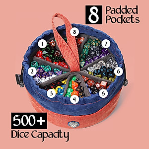 CardKingPro Monstrous - Dice Bag with 8 Pockets - Orange/Blue - Huge Capacity 500+ Dice - Great for Dice Hoarders