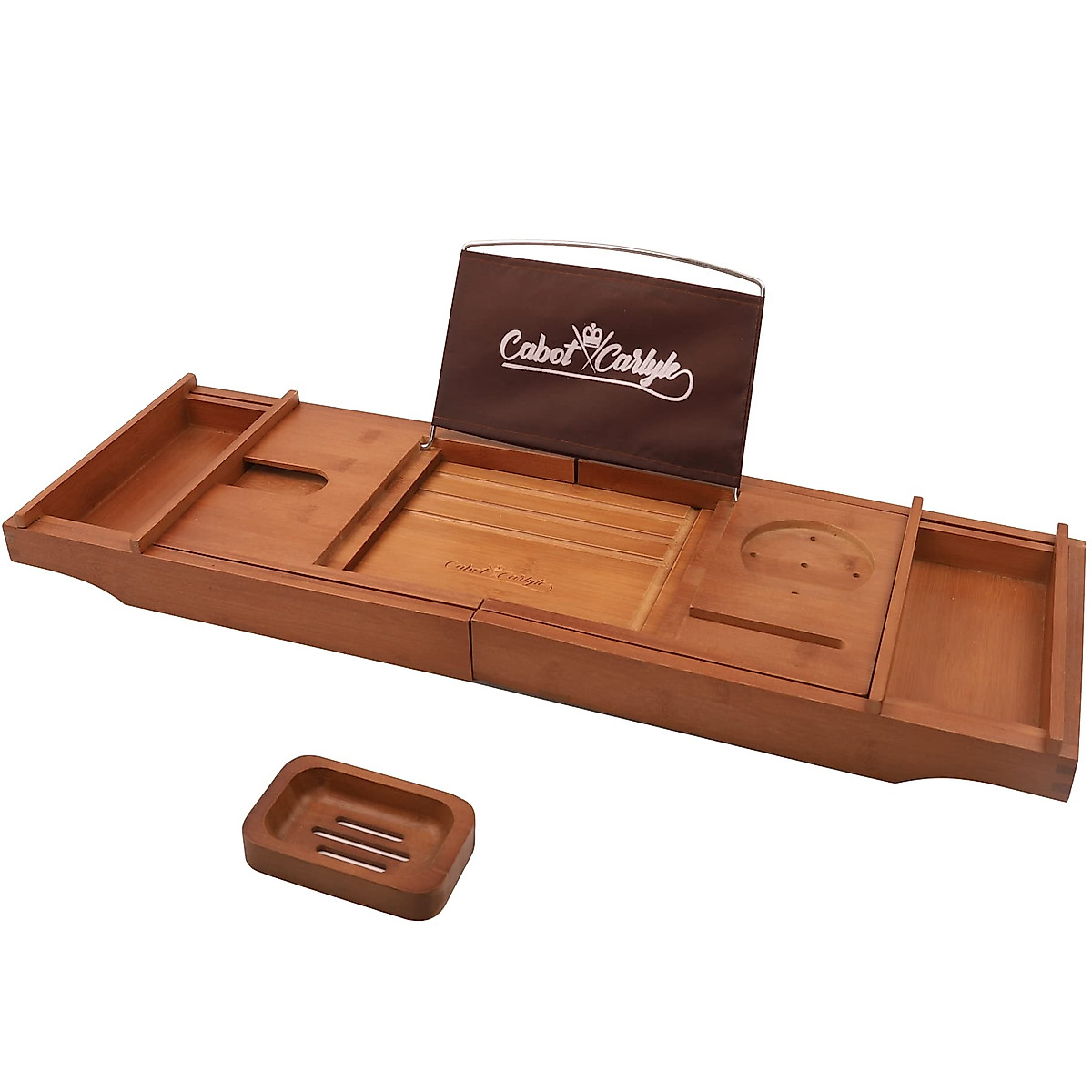 Cabot & Carlyle Luxury Bath Caddy Tray for Tub | Bath Table | Premium Bamboo Bathtub Tray for Tub | Fits All Bath Accessories Wine Glass, Books, Tablets, Cellphones, Shampoo | Bath Shelf Foldable.