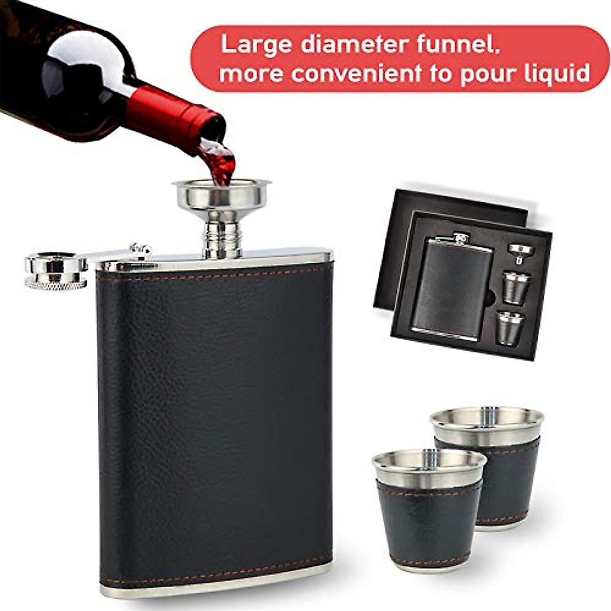 Hip Flask Gift Set, Hip Flasks for Liquor for Men with Black Leather Cover, 8 Oz Hip Flask Set, 18/8 Stainless Steel Hip Flasks for Liquor with 2 Cups & Funnel, Flasks for Liquor for Men Gift Box