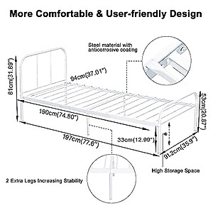 Voilamart Kids Twin Bed with Storage,Twin Metal Bed Frames with Headboard and Footboard, White Metal Platform No Box Spring Needed for Kids