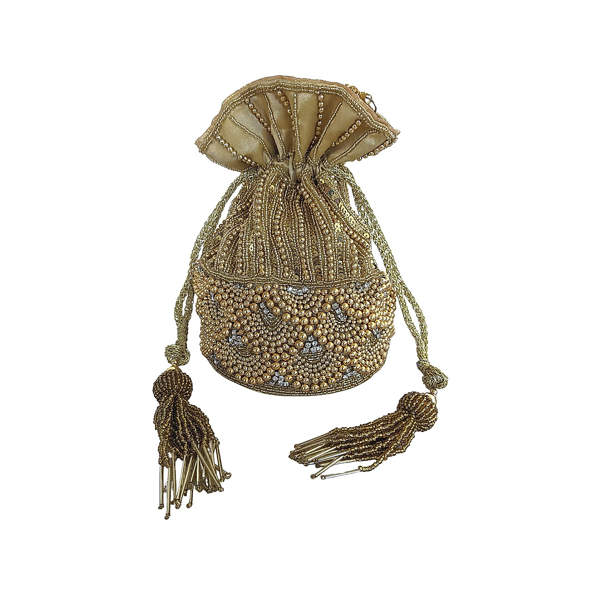 Women Handmade Beadwork Motif, Indian Potli Bag, Drawstring Bucket Bag, Bridal Evening Purse In Gold (Gold #1)
