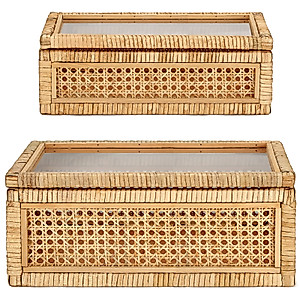 Set of 2 Boho Rectangular Rattan Decorative Boxes with Glass Lids Woven Cane and Rattan Display Boxes with Lids Storage Basket Bins for Home Decor (15.4 x 9.5 x 7.1 Inch, 12.6 x 6.7 x 4.3 Inch)