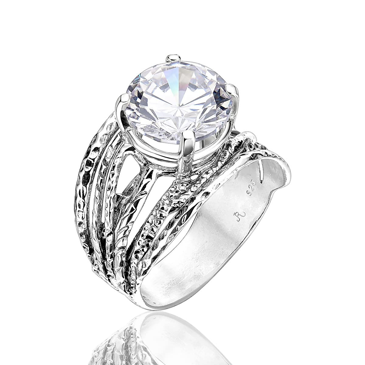 JEAN RACHEL JEWELRY 925 Sterling Silver Ring With A White Round Cubic Zirconia CZ Prong, Hypoallergenic, Nickel and Lead-free, Artisan Handcrafted Designer collection, Made In Israel