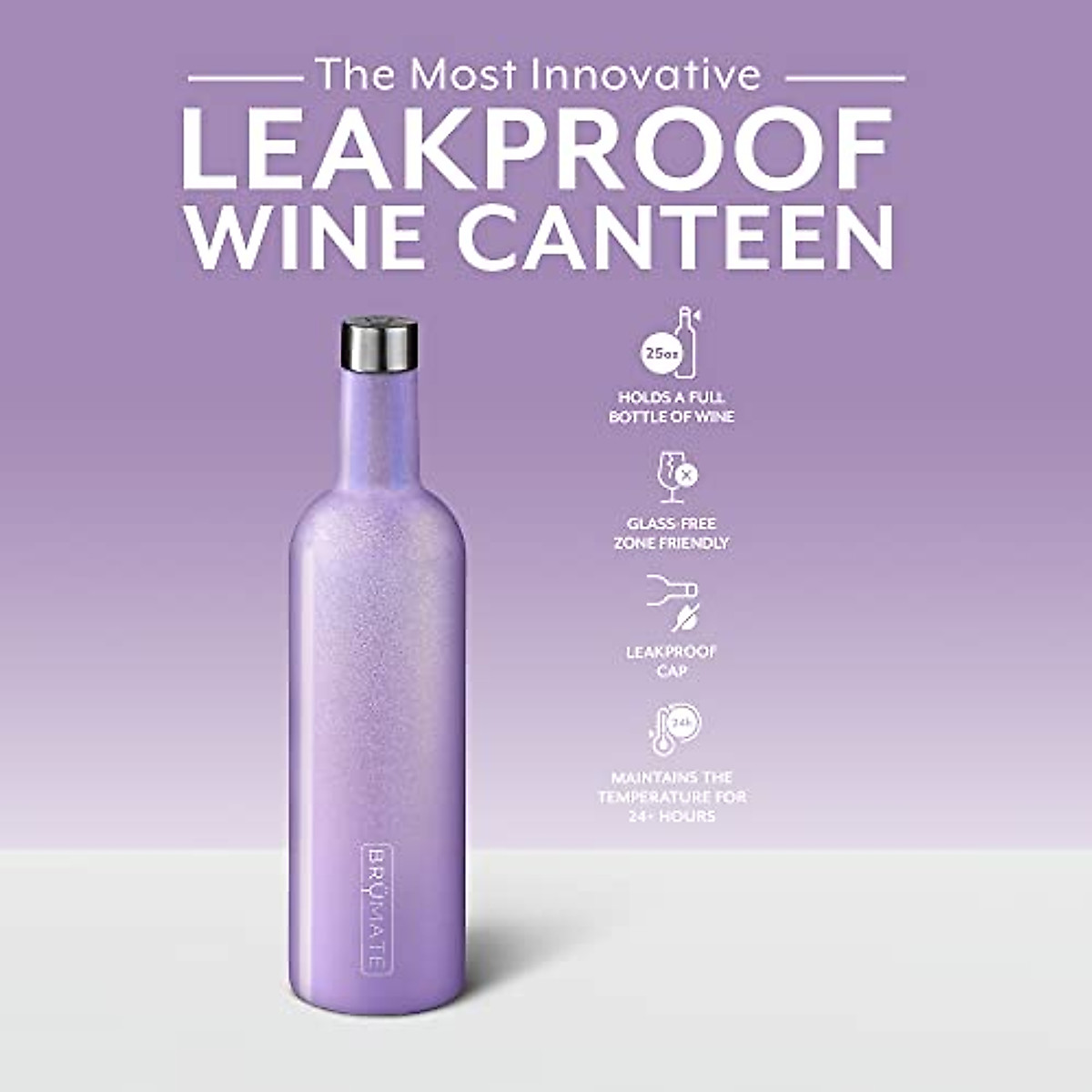BrüMate Winesulator 25 Oz Triple-Walled Insulated Wine Canteen Made Of Stainless Steel, 24-hour Temperature Retention, Shatterproof, Comes With Matching Silicone Funnel (Glitter Violet)