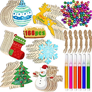 GuassLee 166pcs Wooden Christmas Ornaments Unfinished, Wooden Ornaments to Paint for Christmas Tree Decorations Holiday Hanging Decorations with Bells, Rope and Colorful Makers