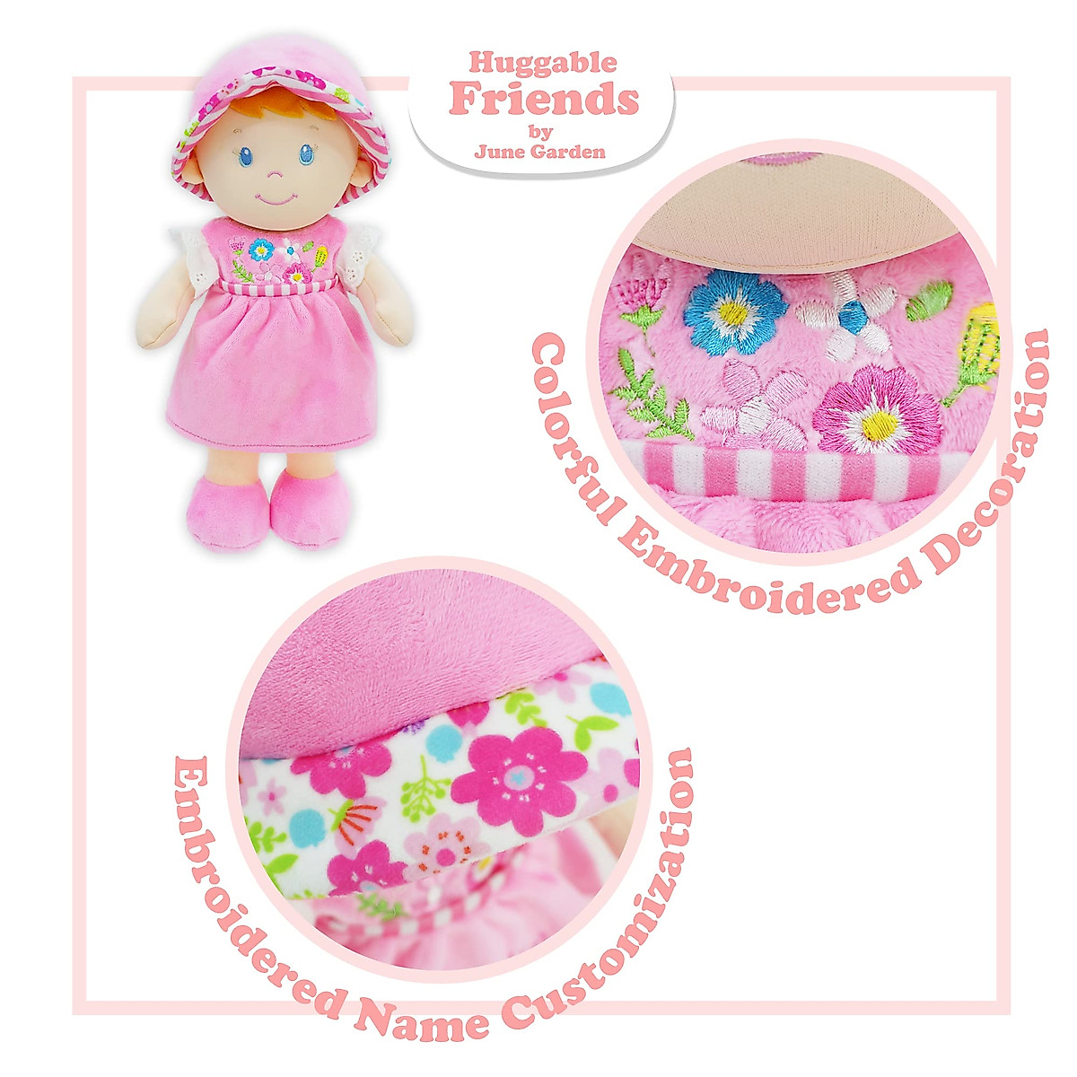 June Garden 12" Soft Dolly Emilia - Stuffed Soft Baby Doll Gift for 1 2 3 Year Old Girls - Pink Dress