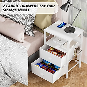 Furologee End Table with Charging Station, Nightstand with Fabric Drawers, Side Tables with USB Ports & Outlets, Night Stand with Storage Shelf & Hooks, for Living Room/Bedroom, White