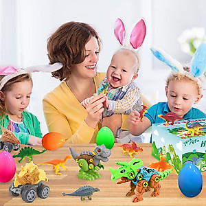 Easter Eggs Filled with Dinosaur Toys for Kids Boys Girls, 9 Pack Easter Basket Stuffers Fillers Prefilled with 4 PCS Take Apart Building Dino Toys 3 PCS Pull Back Cars 12PCS Mini Dino