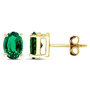 AFFY 8X6MM Oval Shape Birthstone Simulated Emerald Solitaire Stud Earrings With Friction Back for Women In 14K Yellow Gold Over Sterling Silver (VVS1- VVS2 Clarity)