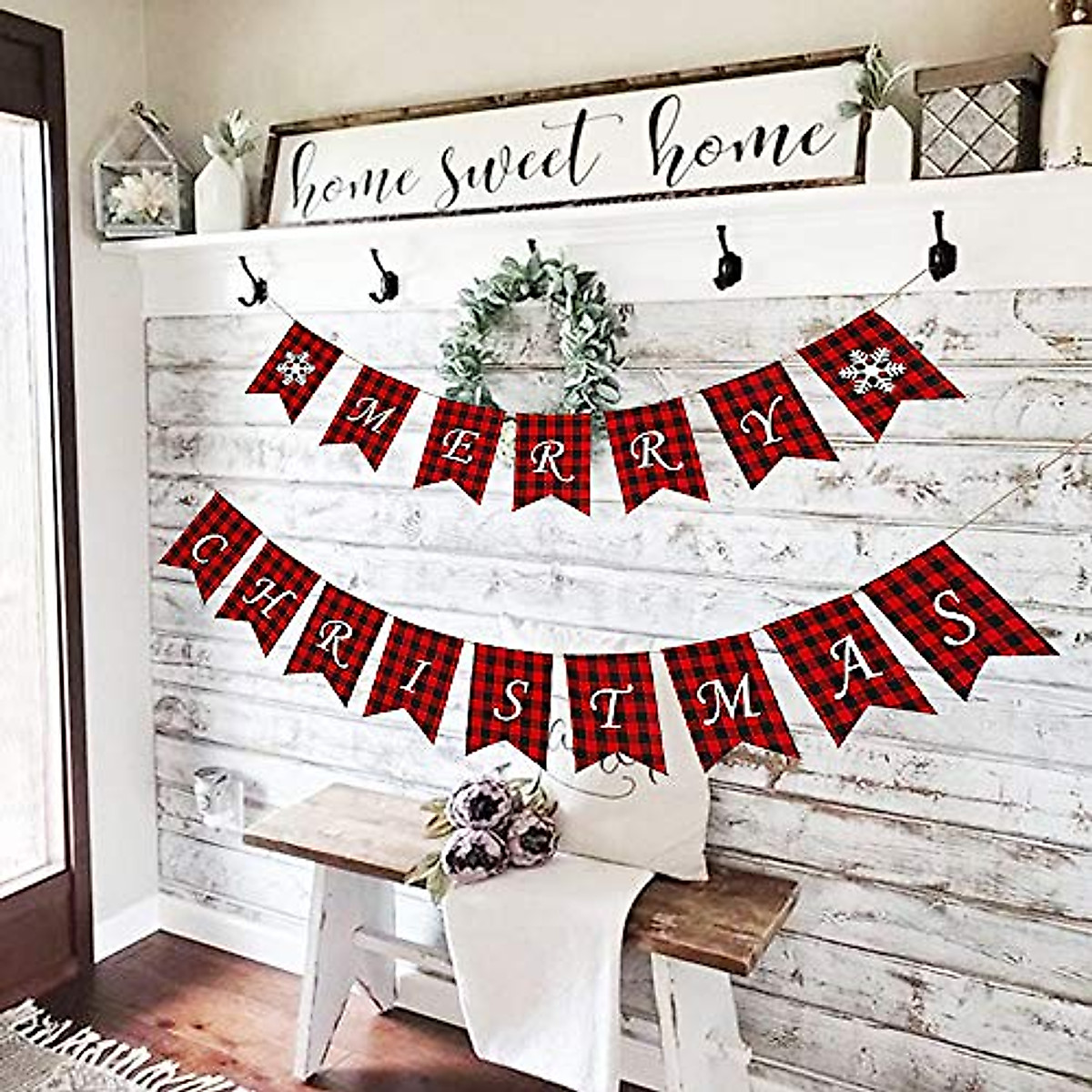 Jolik Merry Christmas Banner with Two Snowflake Flags - Buffalo Plaid Banner Decoration for Fireplace Wall Tree Christmas Decoration